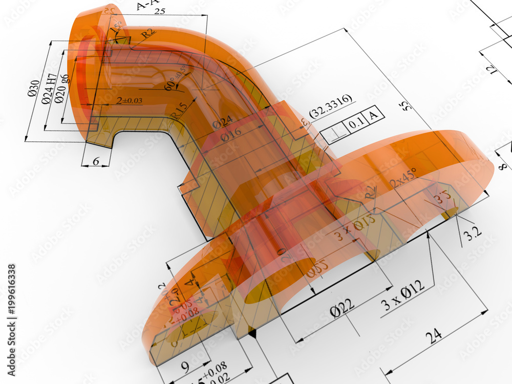 3D concept - Orange engineering part over a 2D drawing Stock ...