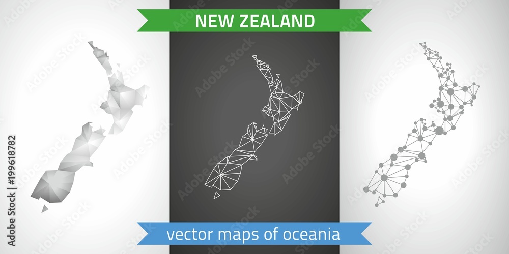 New Zealand collection of vector design modern maps, gray and black and ...