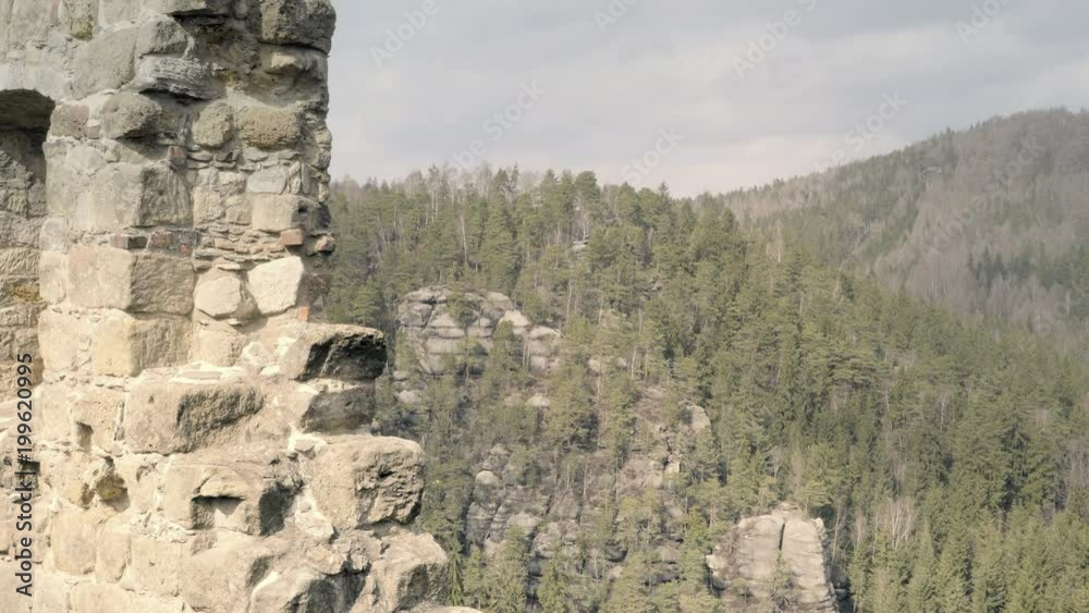 Ruins of medieval castle. Sandstone rocks, rock massifs in forest ...