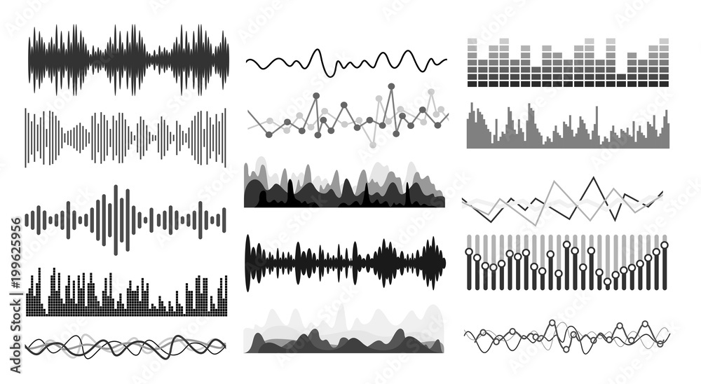 Set of Music sound waves. Audio technology musical pulse or sound ...
