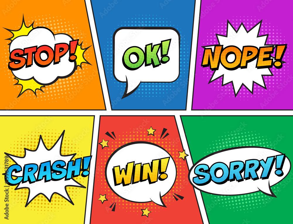 Retro comic speech bubbles set on colorful background. Expression text ...