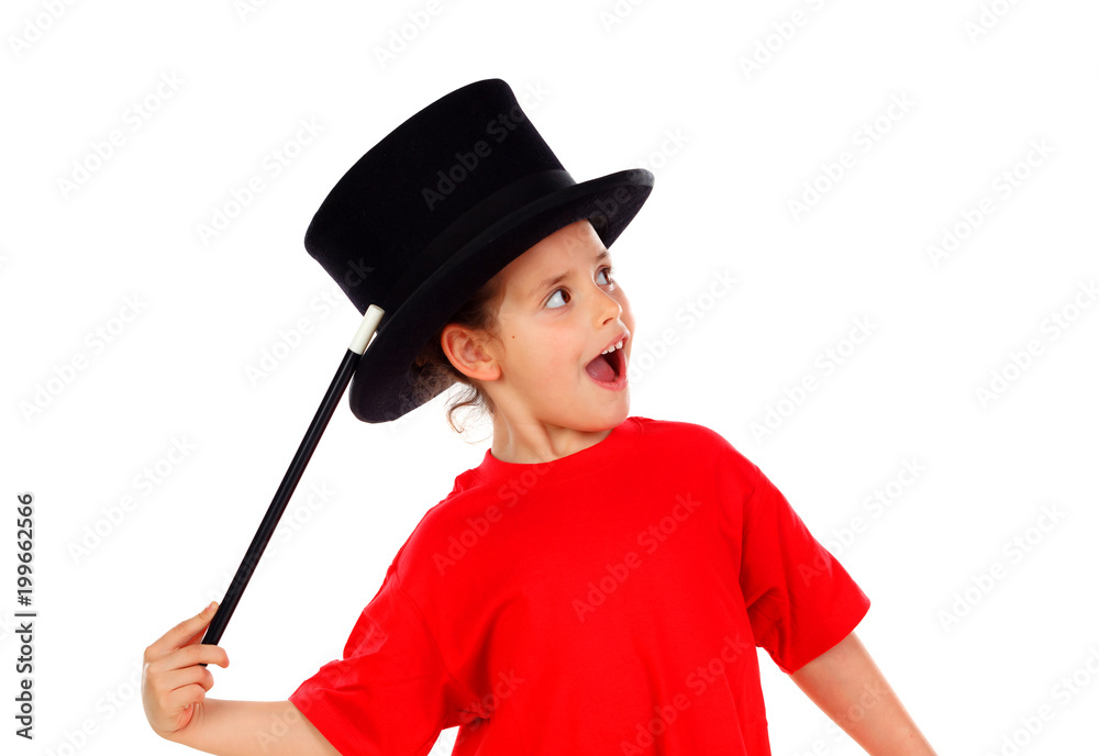 Pretty little girl doing magic with a top hat and a magic wand Stock ...