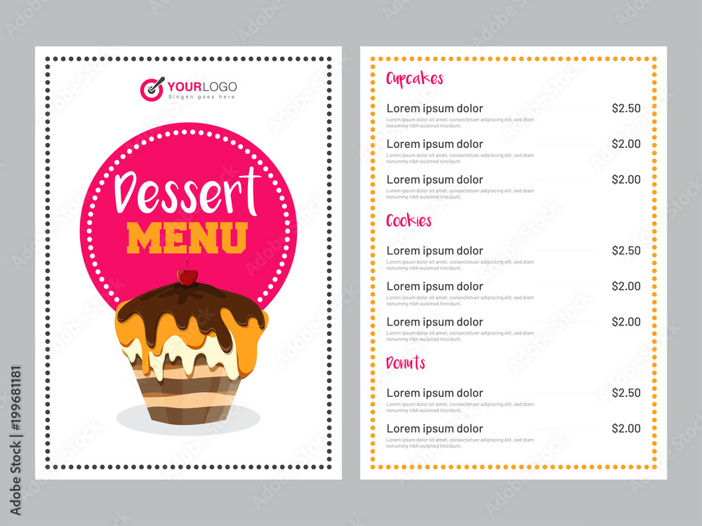 Dessert Menu Card design with front and back page view. Stock Photo ...