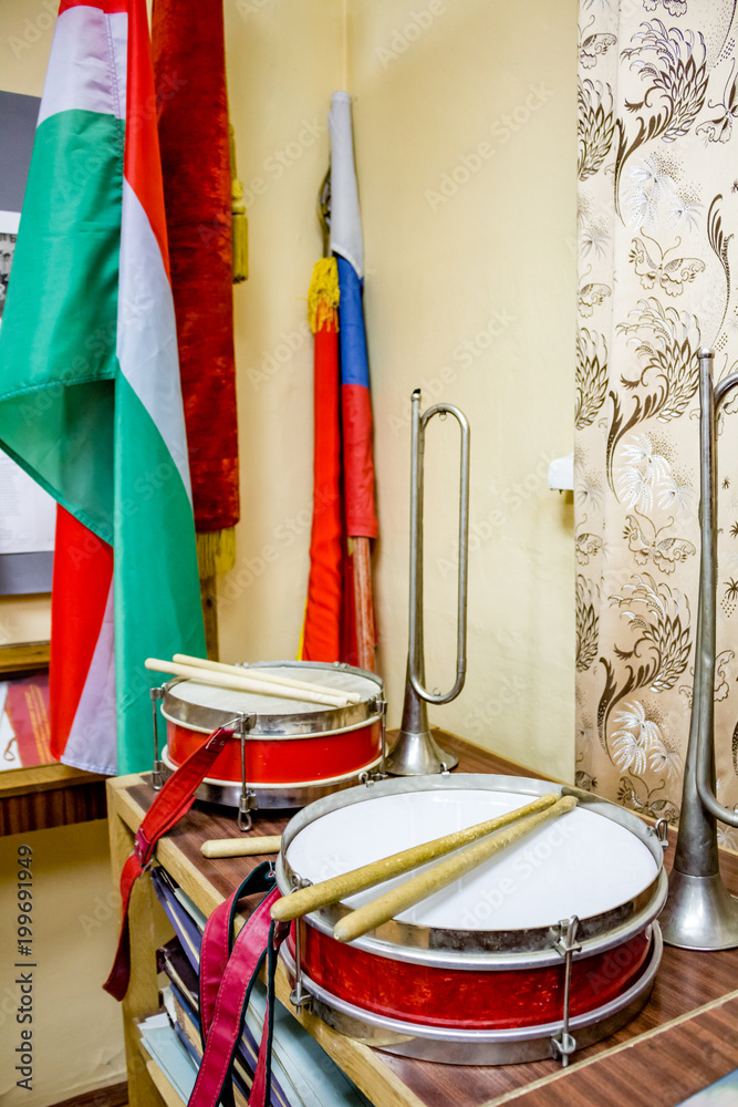 Musical instruments of pioneers in the Soviet Union, drums and trumpet ...