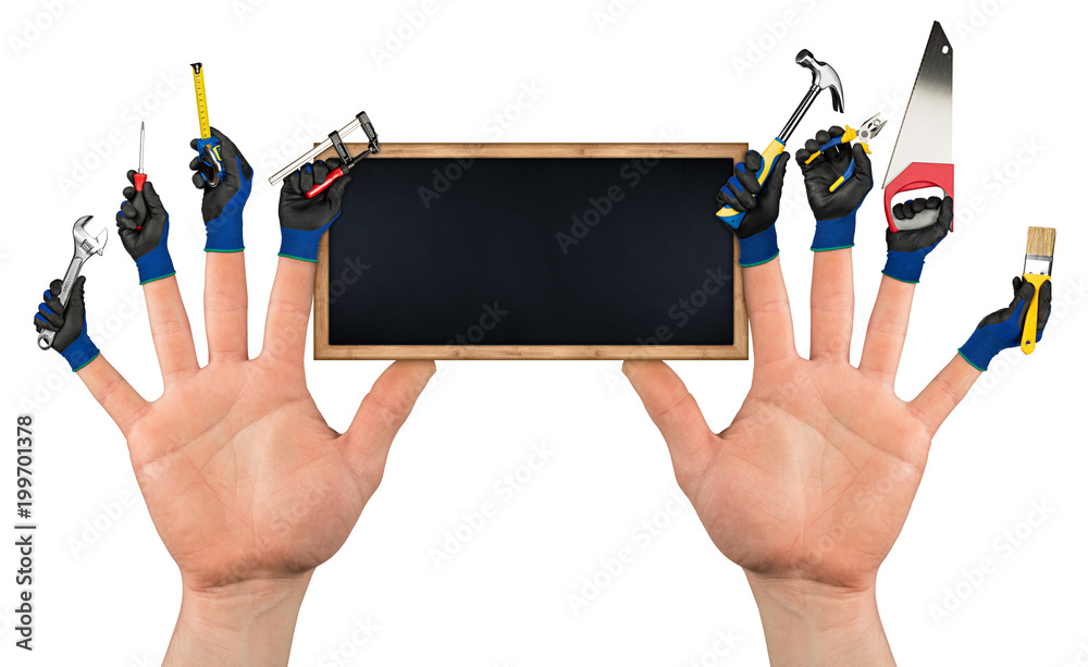 abstract diy handyman, concept two hands with working gloves empty ...