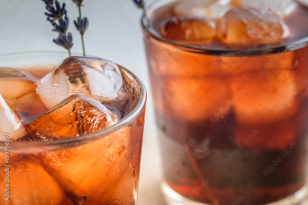 Rum and cola with ice. Cold cocktails for summer parties. Alcohol ...