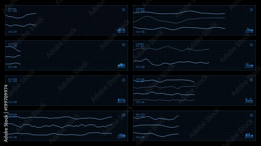Monochromatic, eight-panel visual display of animated line graphs ...