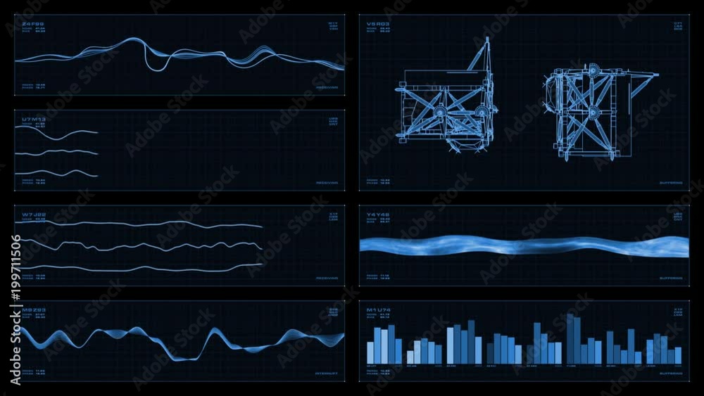Monochromatic multi-panel visual display: wireframe, animated line ...