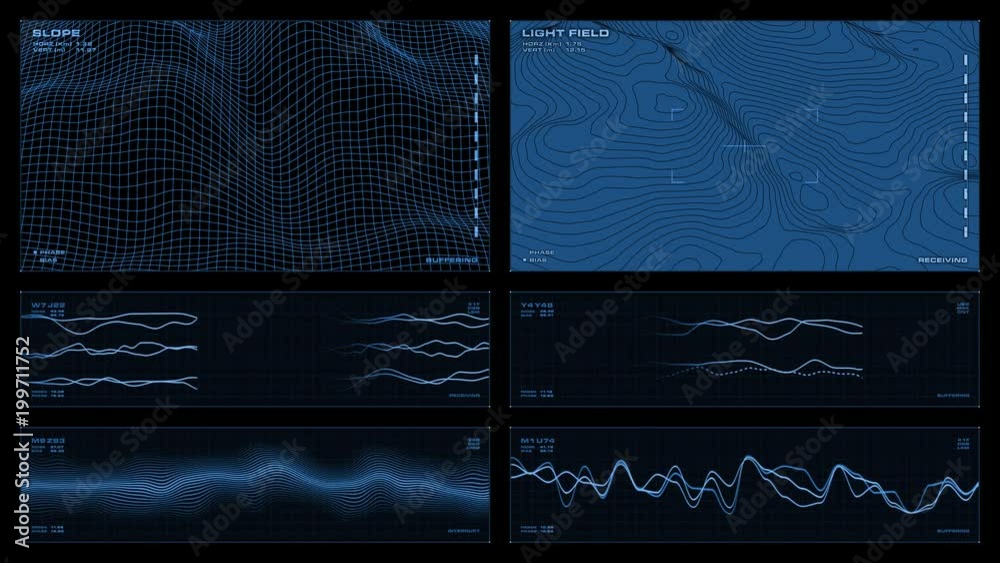 Monochromatic multi-panel visual display: elevation map, animated line ...