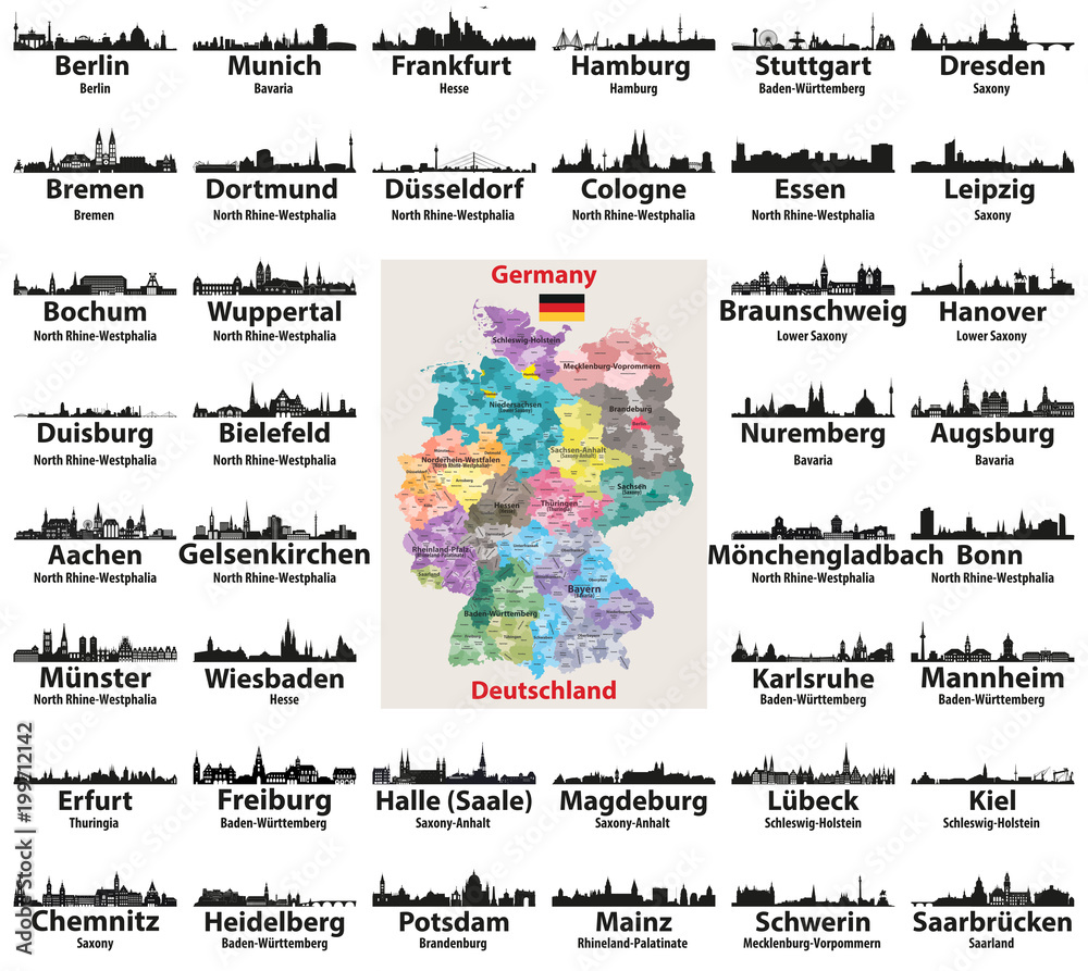 Germany map with largest cities skylines silhouettes vector set Stock ...