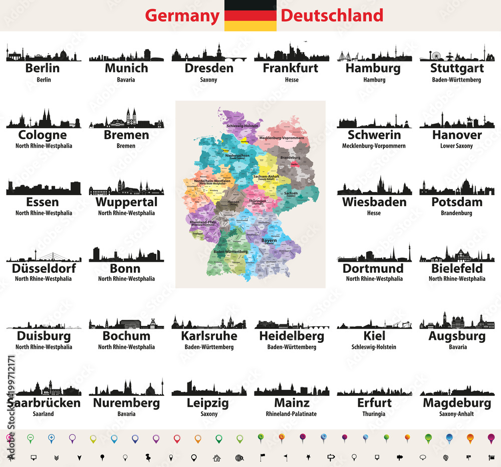 Germany map with largest cities skylines silhouettes vector set Stock ...