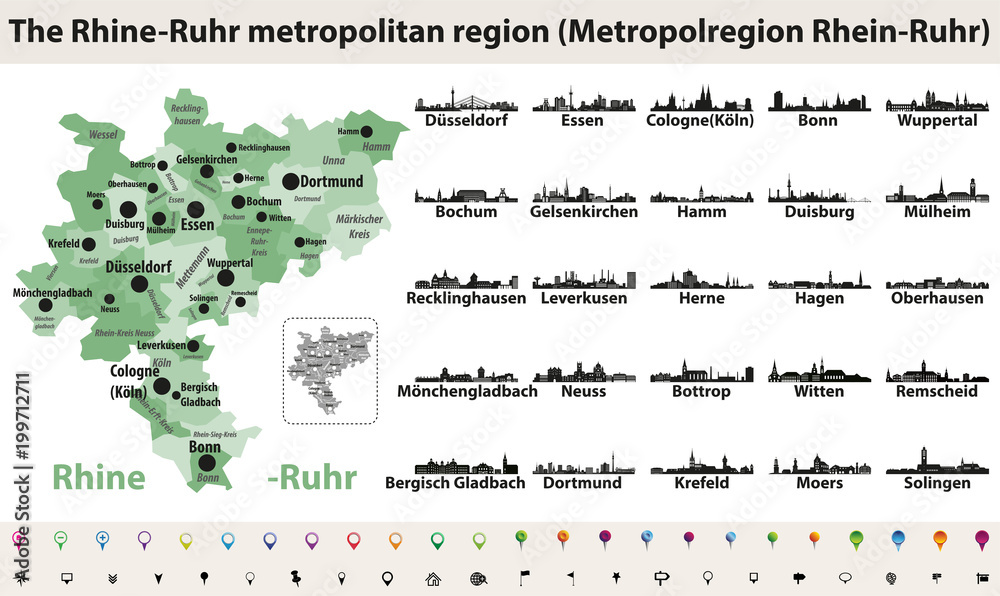 Rhine-Ruhr metropolitam area vector map with largest cities skylines ...