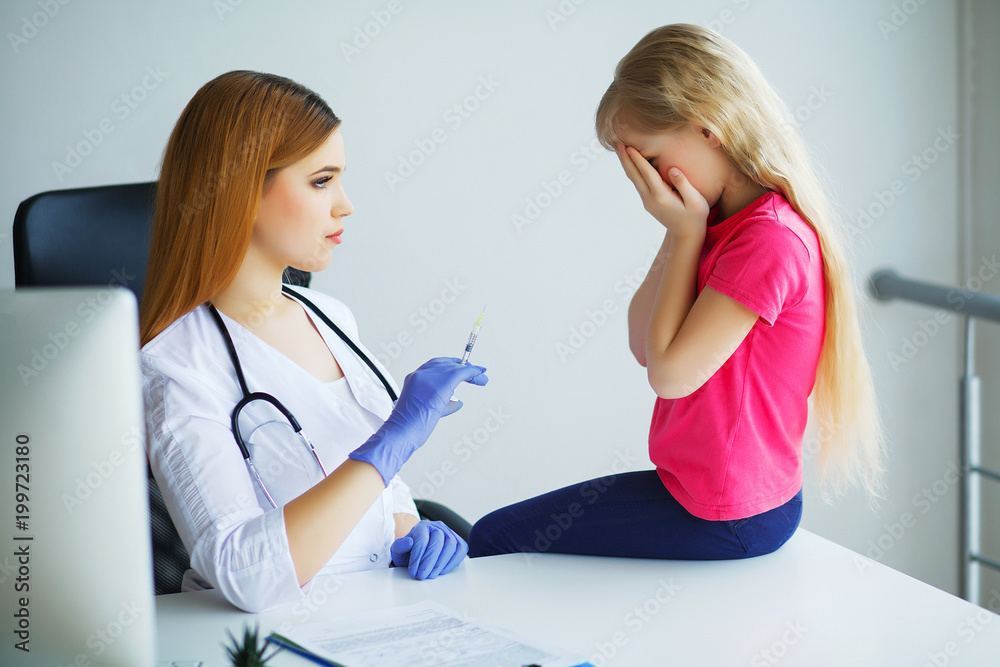 Doctor injecting vaccination in arm little child girl,healthy and ...