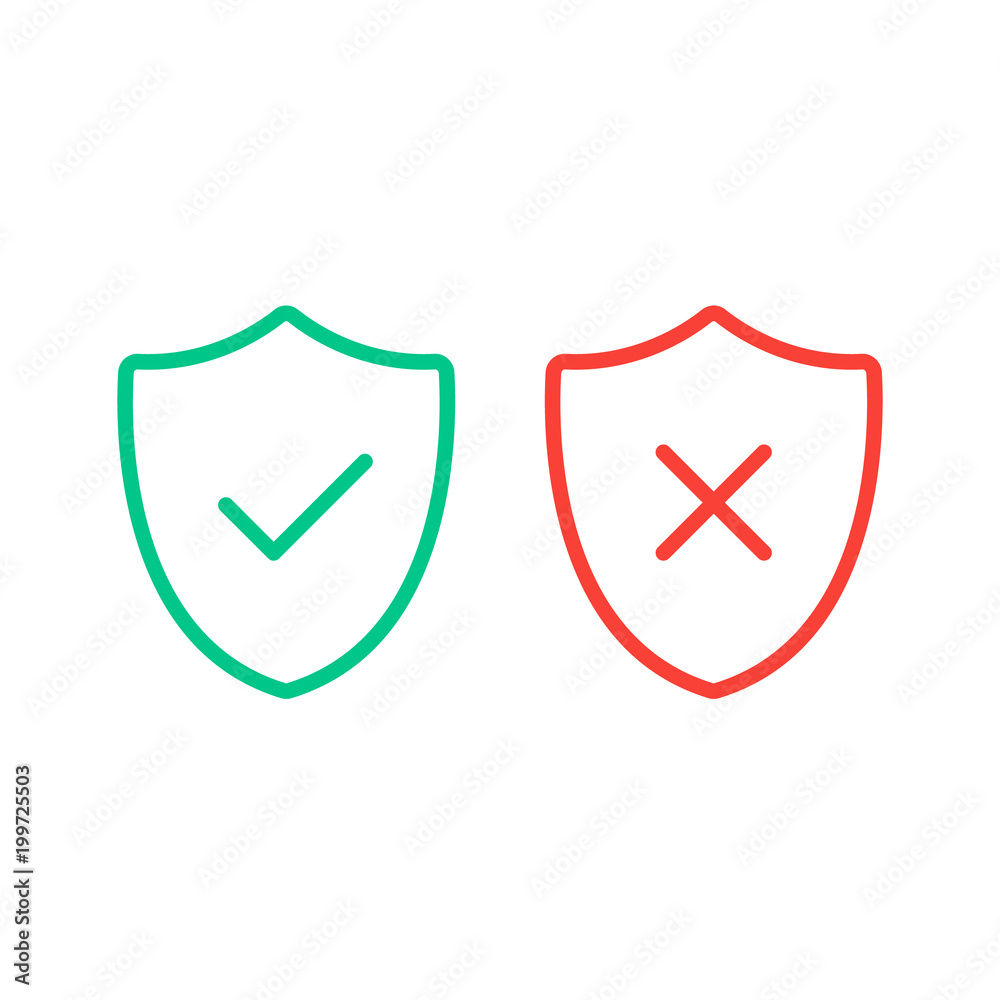 Thin line shields with check mark icons. Outline shields with green ...