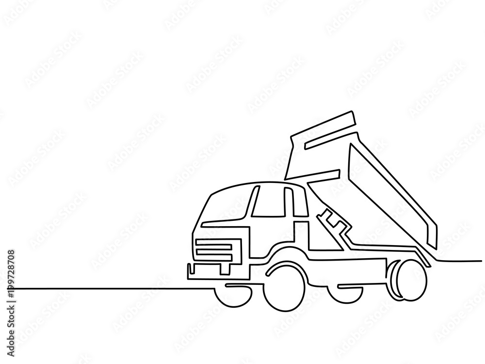 Continuous line drawing. Construction truck tipper. Vecotr ...