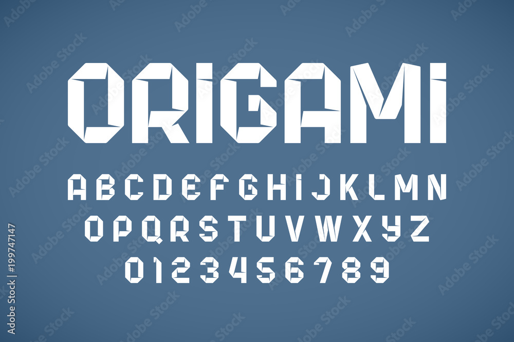 Origami style modern font, folded paper ribbon letters and numbers ...