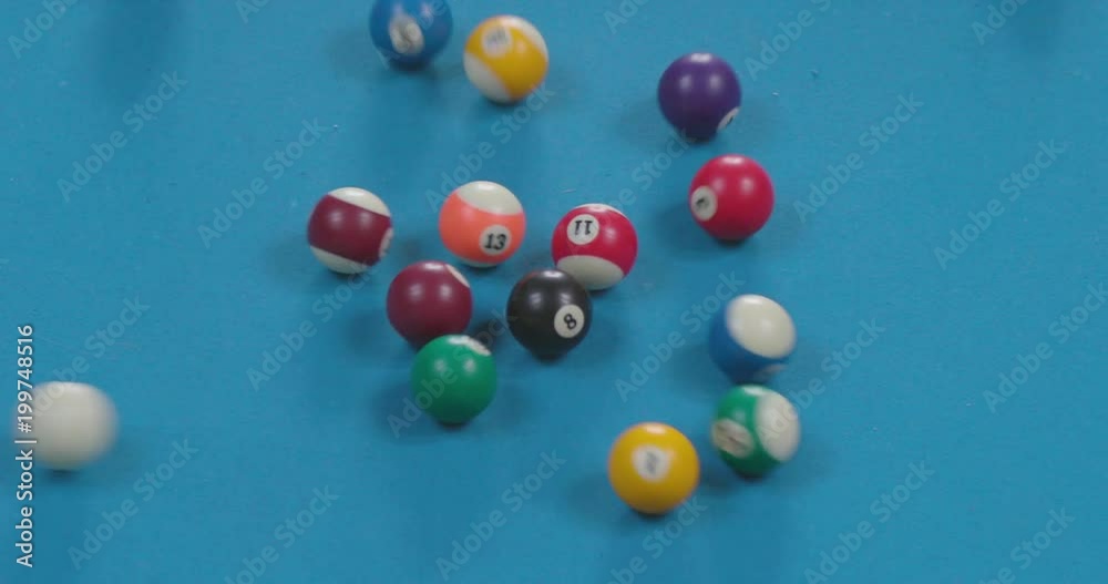 Breaking Racked Pool Balls in Eight-Ball Formation on Blue Billiards ...