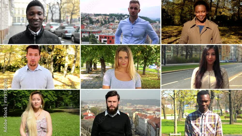 4K compilation (montage) - group of nine people smile and nod at the ...