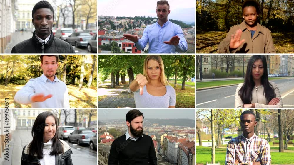 4K compilation (montage) - group of nine people shake their heads at ...