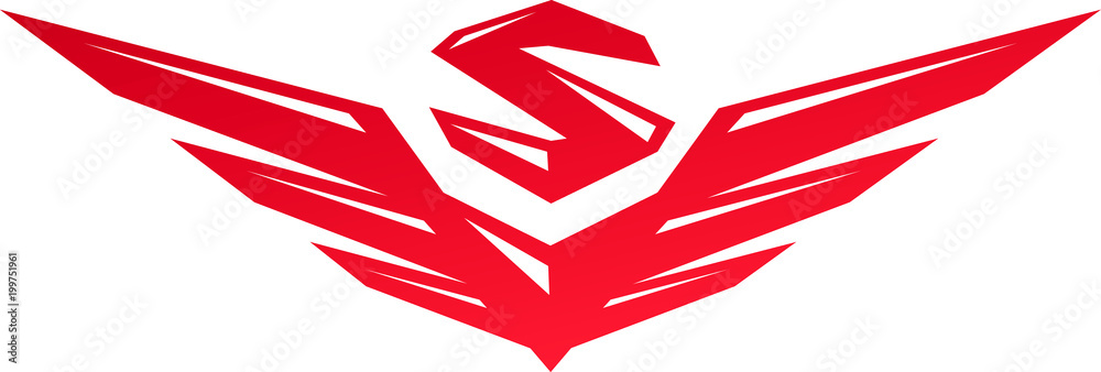 Logo with wings and letter S. Vector flat logo. Sign isolated on white ...