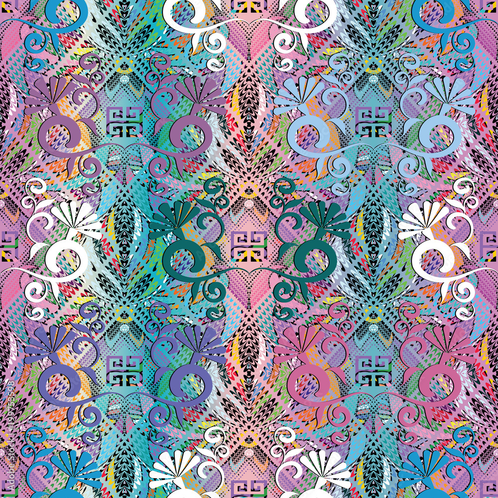 Floral colorful greek 3d seamless pattern. Vector grunge beautiful ...