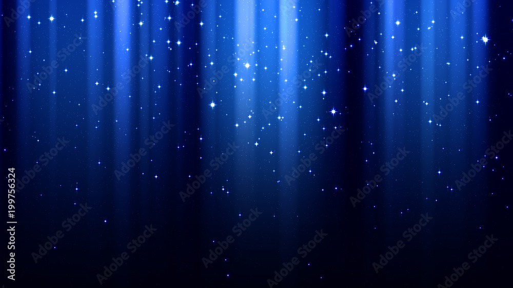 Dark blue background with rays of light, sparkles, night shining starry ...