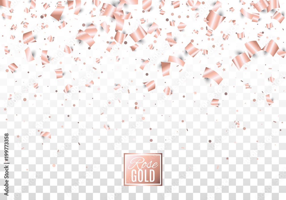 Rose gold paper confetti isolated on checkered transparent background ...
