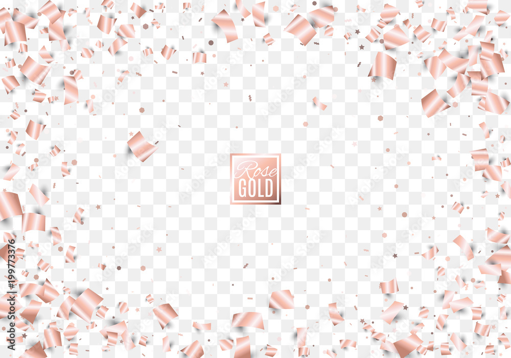 Rose gold paper confetti scattered on checkered transparent background ...