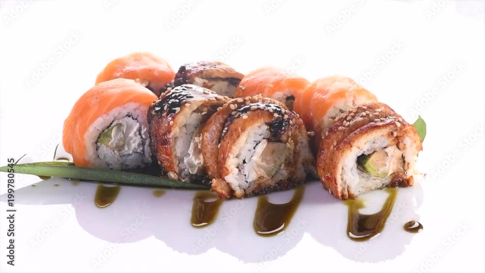 Sushi roll set on white background. Rotated rolls with salmon, tuna ...