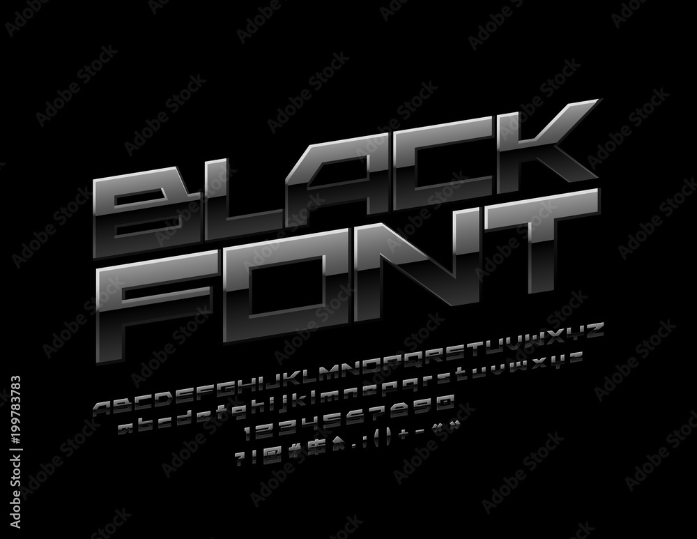 Vector Black Font. Techno style glossy Alphabet Letters, Numbers and ...