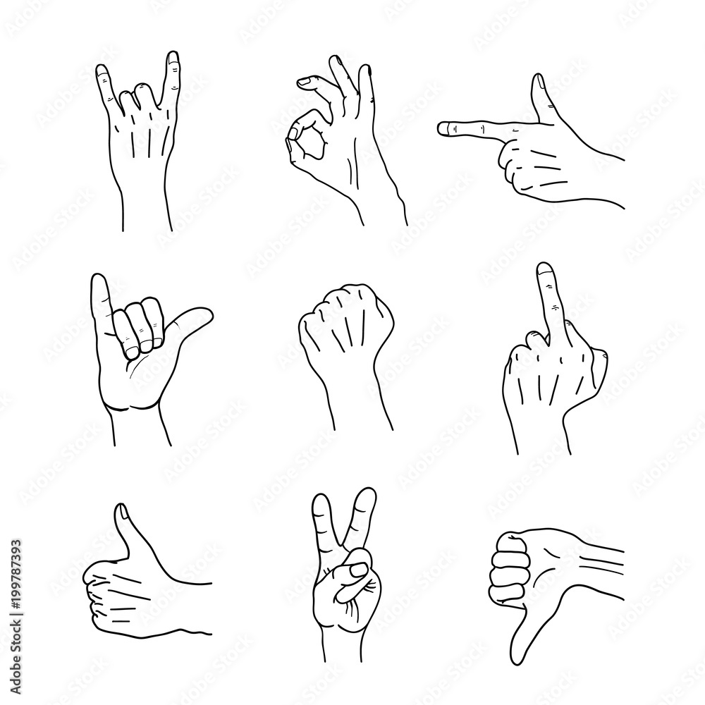 Set of black outline common cartoon hand gestures, signs on white Stock ...