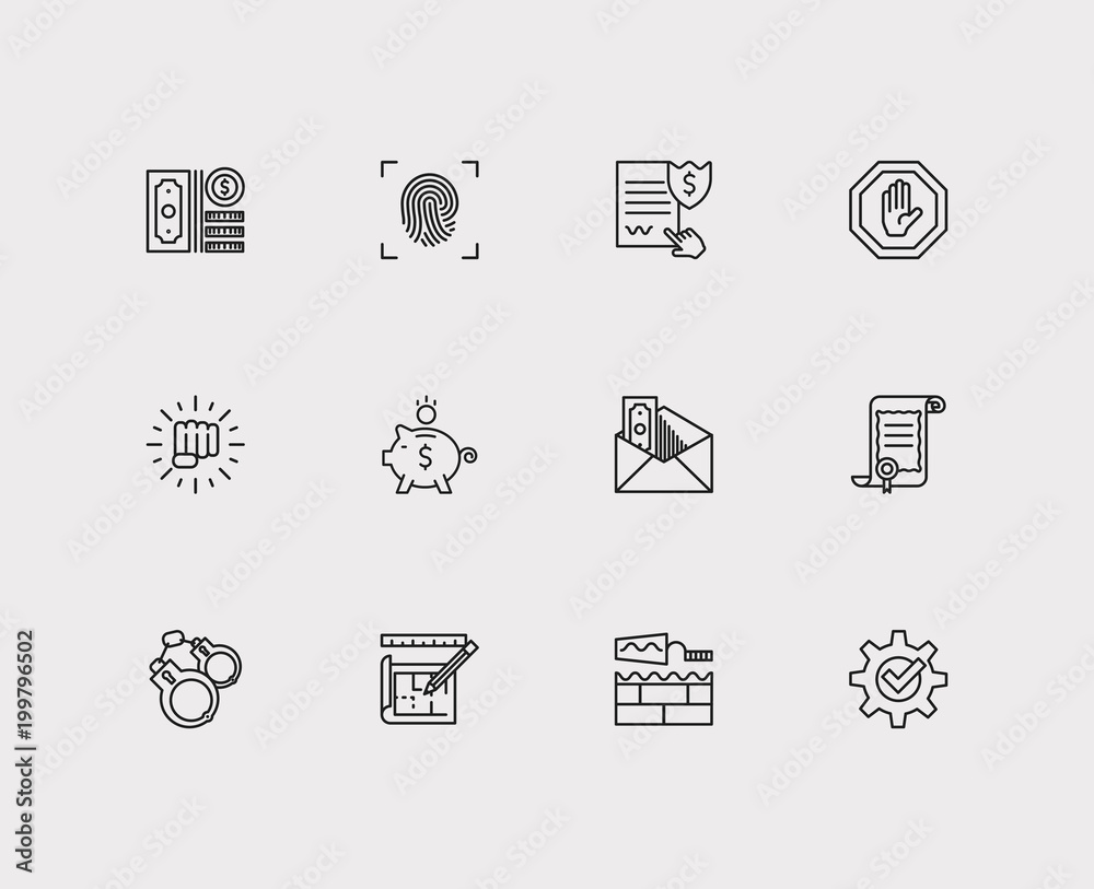 Justice icons set. Stop and justice icons with law, force and ...