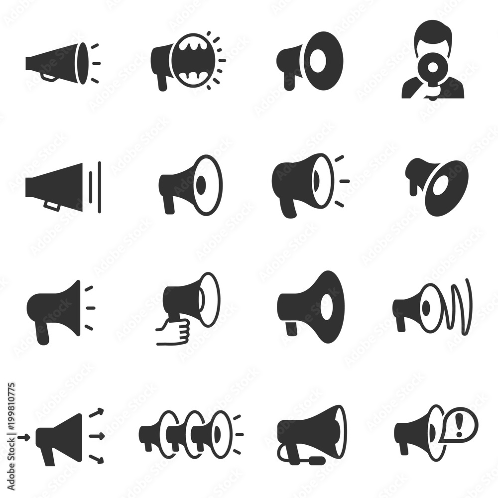 Megaphone. Monochrome icons set. Megaphones of various shapes, simple ...
