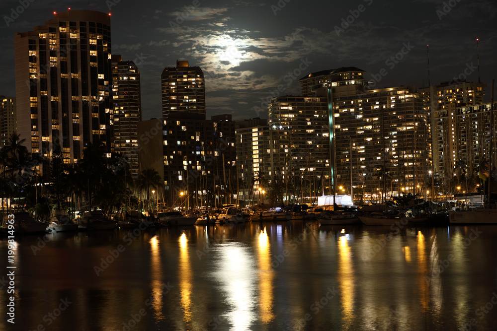 Magic Island, Boat harbor, full moon night, City Skyline, Night Life ...