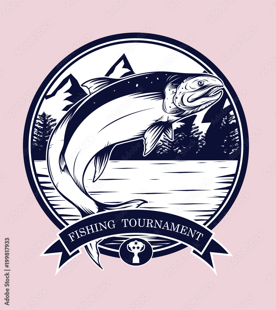 Fishing logos vector by hand drawing.Salmon art highly detailed in line ...