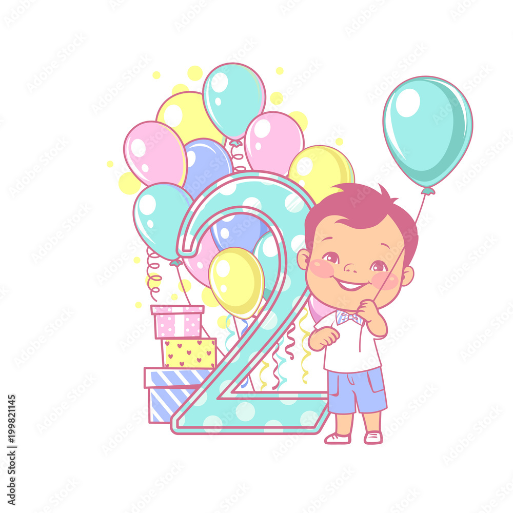 Two years old boy standing near large number 2. Second year celebration ...