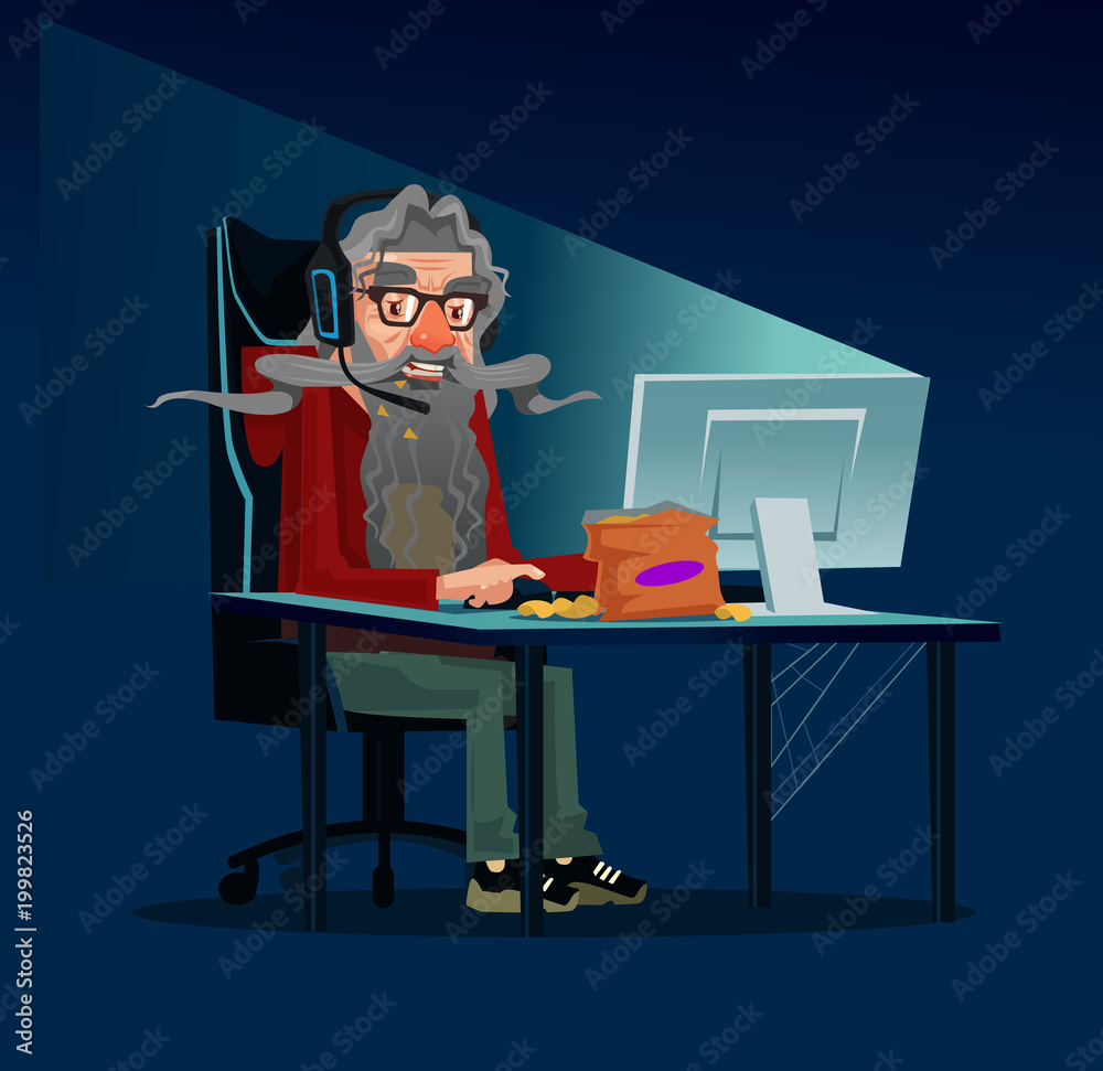 Happy smiling modern grandfather grandpa old man gamer user character ...