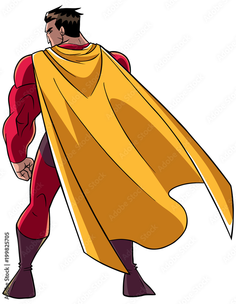 Full length rear view of a powerful superhero with yellow cape standing ...