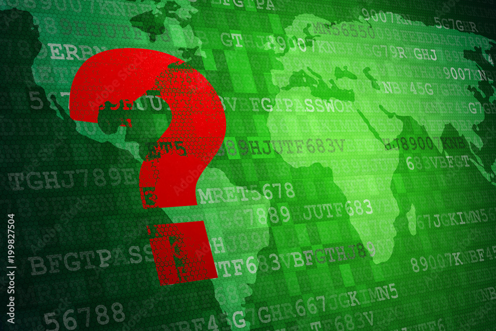 Question mark on green digital background with world map Stock ...
