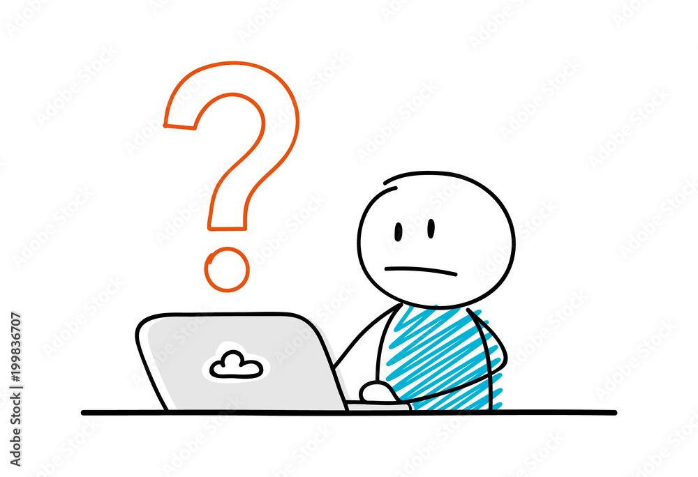 Funny stickman working on laptop - concept with question mark icon ...