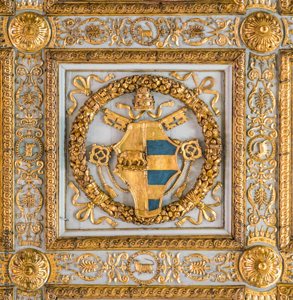 Pope Alexander VI of Borgia Family coat of arms in the ceiling of the ...