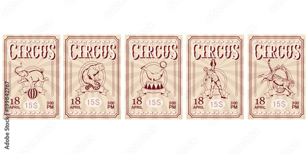 Set of Circus ticket. Carnival poster. Vintage circus show. Different ...