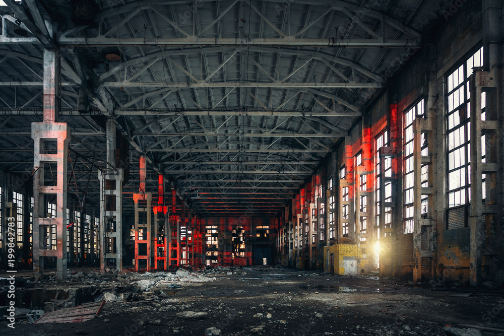 Large empty abandoned warehouse building or factory workshop, abstract ...