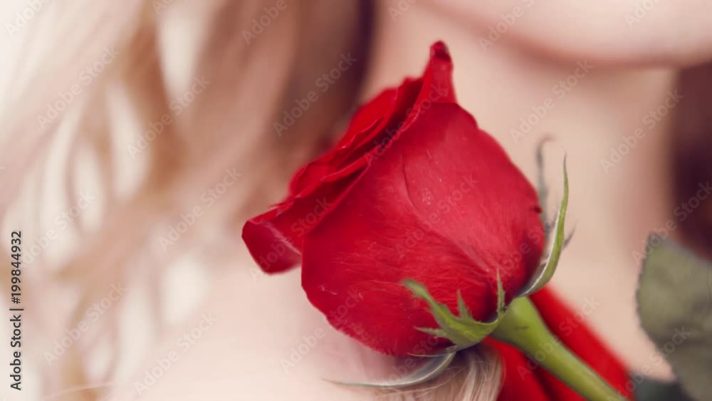 Close-up of a red rose on a girl's shoulder in a red dress. The blonde ...