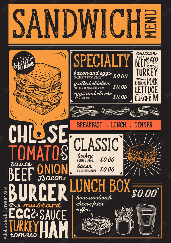 Sandwich restaurant menu. Vector food flyer for bar and cafe. Design ...