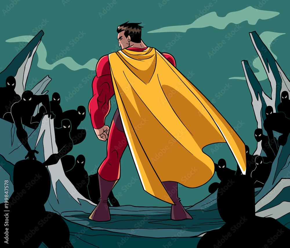 Rear view full length illustration of a cartoon brave superhero ...