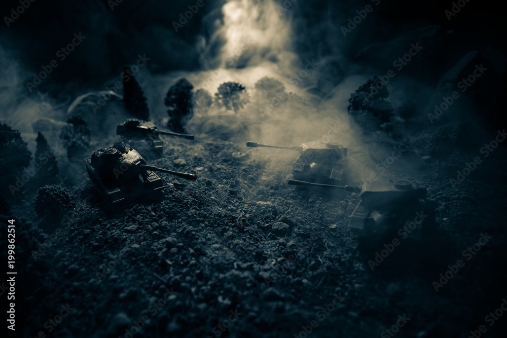 War Concept. Military silhouettes fighting scene on war fog sky ...