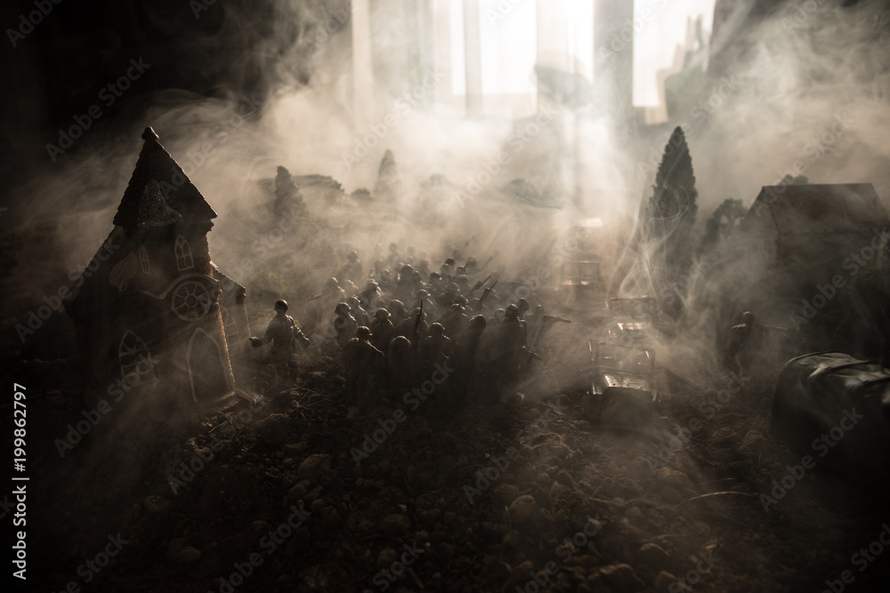War Concept. Military silhouettes fighting scene on war fog sky ...