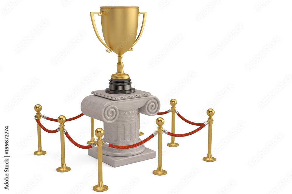 Gold trophy on exhibit pillar with rope barrier isolated on white ...