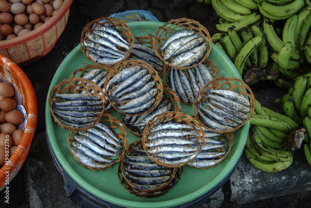 Bali Public Market Food Display in the Village of Ubud. Colorful fish ...